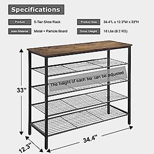 HQXING 5-Tier Shoe Rack Organizer, Metal Mesh Shoe Storage Shelf, for Entryway, Hallway, Closet, Dorm Room, Industrial, Rustic Brown