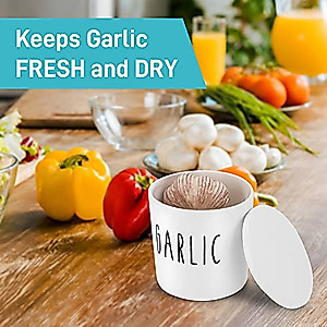 Large Garlic Keeper - Garlic Holder Storage - Round Ceramic Garlic Container Storage to Keep Your Garlic Cloves Fresh Longer - Classic White Vented Garlic Keeper for Counter - Garlic Saver for Kitchen