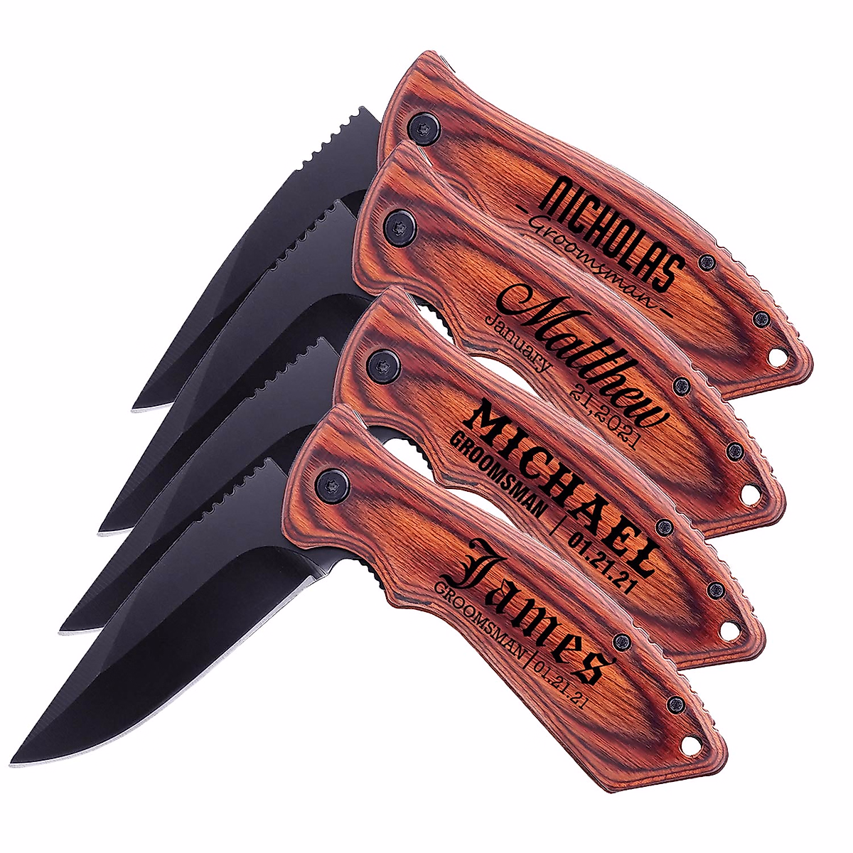 Groomsmen Gifts For Men Wedding Knife Set - Personalized Pocket Knife Custom Knife Gift Options - Best Groomsman, Mens Bachelor, Best Man Proposal Gift Set - 6 Font