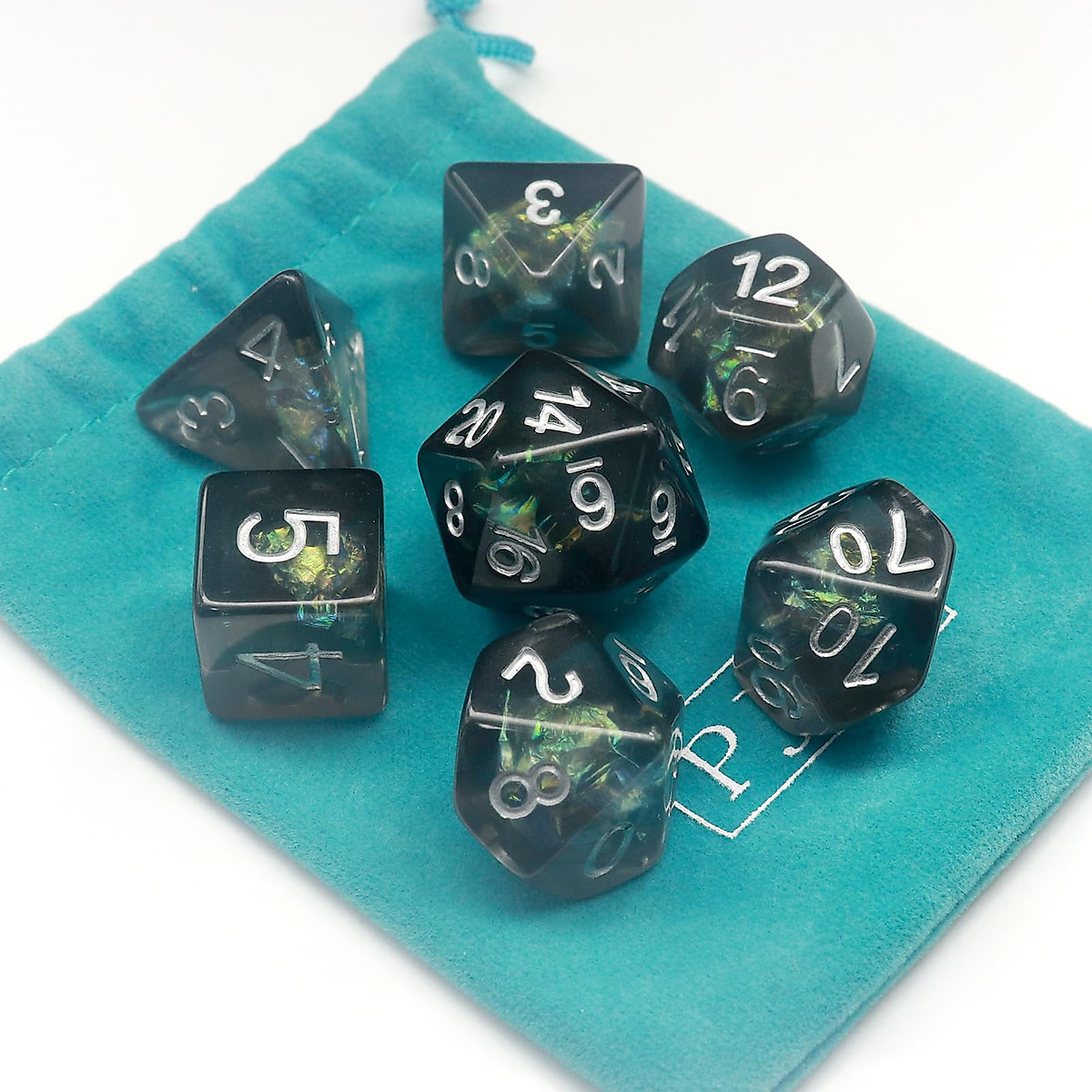 PJOY Clear Rainbow DND Dice Set 7PCS D&D Dice Iridescent Mylar Filled Resin Polyhedral RPG Game Dungeons and Dragons Gifts