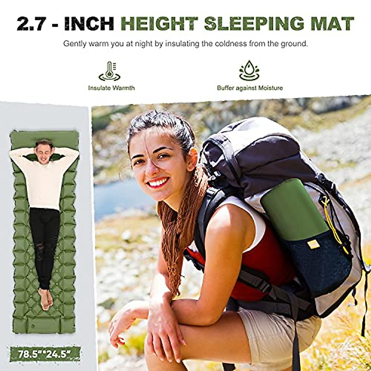 DEHUMI Camping Sleeping Pad - with Built-in Foot Pump, Ultralight Inflatable Camping Pad, Durable Waterproof Camping Mattress, Portable Compact Sleeping Pad for Camping, Backpacking, Traveling, Hiking