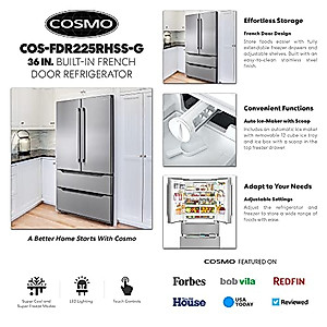 Cosmo FDR225RHSS-G 36 in Double French Door Refrigerator | Energy Efficient Fridge with 2 Drawer Bottom Freezer & Built-In Automatic Ice Maker/Chest, 22.5 cu. ft. Storage Capacity - Stainless Steel