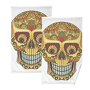 ALAZA Sugar Skull Art Day The Dead Hand Towels for Bathroom 1OO% Cotton 2 pcs Face Towel 16 x 28 inch, Absorbent Soft & Skin-Friendly
