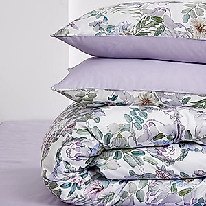 Purple Duvet Cover Set Floral Garden Style King 3 Pieces Bedding Set, Ultra Soft Green Leaves Botanical Flowers Pattern Lavender Reversible Farmhouse 1 Comforter Cover + 2 Pillowshams(No Comforter)
