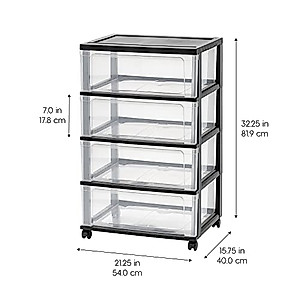 IRIS USA Plastic 4 Drawer Wide Storage Drawer Cart with 4 Caster Wheels for Home, Closet, Bedroom, Bathroom, Office, Laundry, Kitchen, Craft Room, Nursery and School Dorm, Black, Set of 1