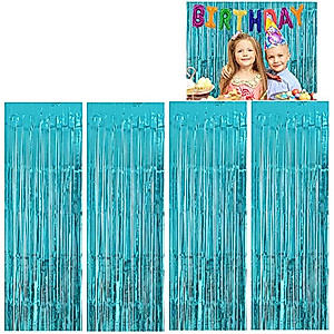 Moohome 4 Pack 3ft x 8ft Aquamarine Foil Fringe Curtain, Tinsel Door Fringe Backdrop Curtain for Birthday Wedding Engagement Graduation Celebration Bachelorette Party Decorations