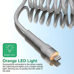 Coiled iPhone Lightning Cable Apple Carplay Cable MFi Certified, Retractable Apple Car Play Cord with Data Sync and LED, Short Coiled iPhone Charger Cable for iPhone/Pad/Pod, White