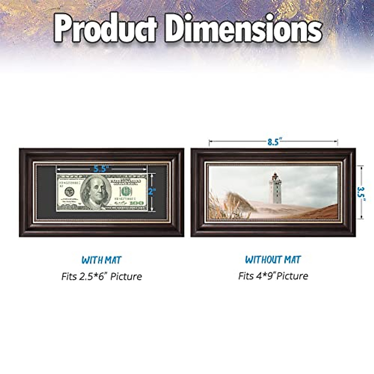 AUEAR, Dollar Bill Frame with Black Mat or 4x9 Business License Holder Without Mat, Easel Stand/Wall Mount, Tempered Glass (Dark Brown with Black Mat, 2-Pack)