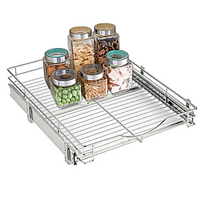 DINDON 1 Tier Pull Out Cabinet Organizer (17" W x 21" D) Heavy-Duty Metal Sliding Drawer Shelf, Slide Out Wire Basket for Kitchen Cabinets, Pantry, Bathroom, Chrome Finish…