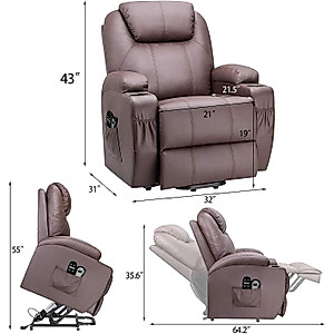 Flamaker Power Lift Recliner Chair PU Leather for Elderly with Massage Ergonomic Lounge Chair Classic Single Sofa with 2 Cup Holders Side Pockets Home Theater Seat (Brown)