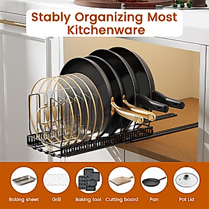Housolution Pull Out Pot and Pan Organizer Rack for Under Cabinet, Slide Out Pot Lid Organizer Holder with 10 Adjustable Dividers, Sliding Pot and Pan Storage Organizer Inside Cabinet, Black