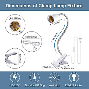 Clip Lamp Holder,Flexible Aluminum Neck Clamp Lights,360°Adjustable Clamp Light Socket,E26/E27 Clamp Light Fixture with 220CM Switch and Plug Cable,Clip Desk Lamp Holder for Study Work Reading,No Bulb