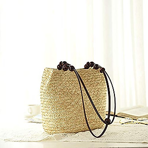 QTKJ Women Retro Bucket Straw Bag Handwoven Rattan Beach Tote Shoulder Bag with Brown Bead (Beige)