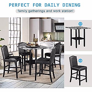 Quarte 5 Piece Dining Table Set, Faux Marble Counter Height Kitchen Table with Matching 4 PU Leather Chairs and Bottom Shelf, Small Space Home Furniture (Gray+W*)