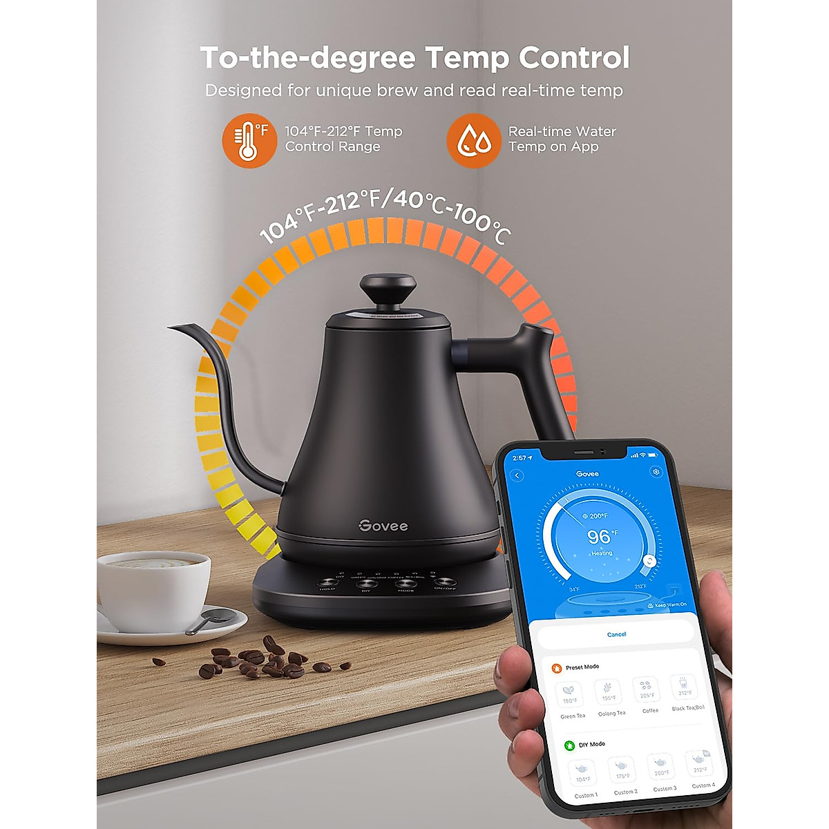 Govee Smart Electric Kettle, WiFi Variable Temperature Control Gooseneck Kettle, Pour Over Kettle and Tea Kettle, Alexa Control, 1200W Quick Heating, 100% Stainless Steel, 0.8L, Matte Black