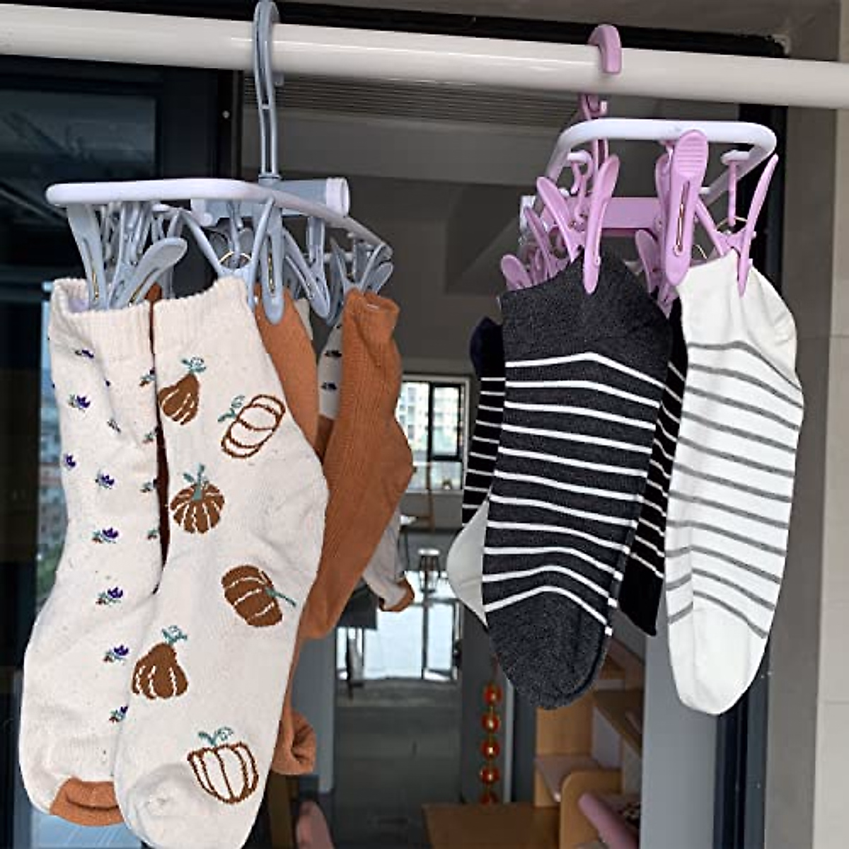 THIDARGO 2 PCS Small Clothes Underwear Drying Racks 12 Clips 360° Rotatable Hook Hanging Drying Rack Foldable Portable Hangers for Drying Gloves Bras Baby Clothes Towel Socks (1Blue+ 1Purple)