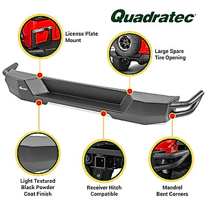 Quadratec QRC Rear Bumper - Fits Jeep Wrangler JL 2018-2022 - Spare Tire Clearance for 35" Tires - Mandrel Bent Corner Guards - Integrated License Plate Mount - Receiver Hitch Compatible 6 Gauge Steel