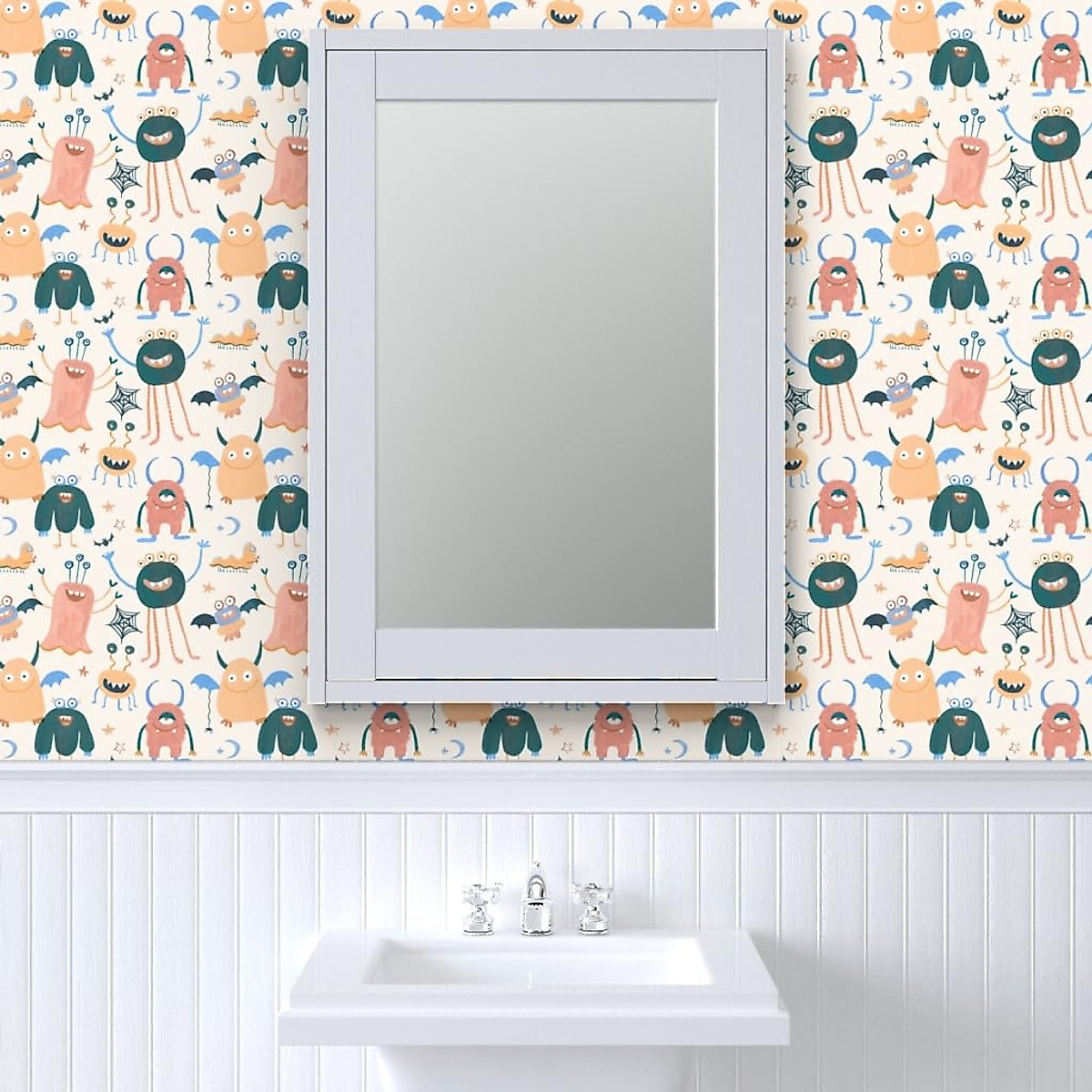 Commercial Grade Wallpaper Swatch - Cute Kids Monsters Watercolor Pastel Playful Room Monster Creature Bat Spooky Spider Web Moon Stars Traditional Wallpaper by Spoonflower
