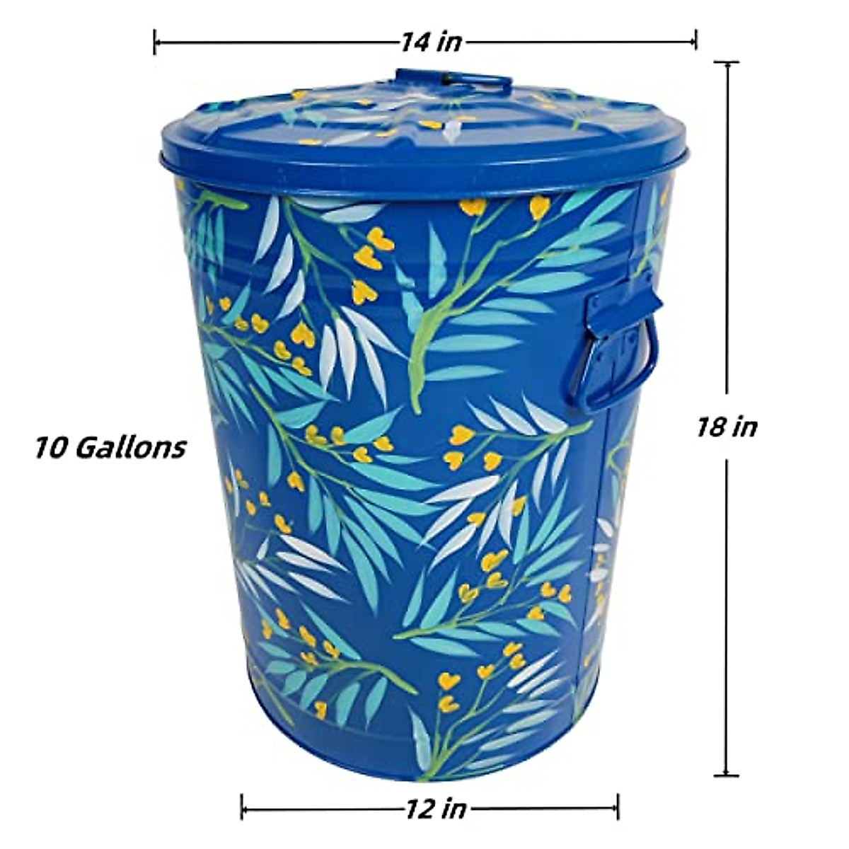 HOZUSO Hand Painted Metal Trash Can with Lid Recycling Canister Storage Organization Decorative Garbage Can Waste Bin for Kitchen Living Room Home Patio Yard Home Decor 10 Gallons