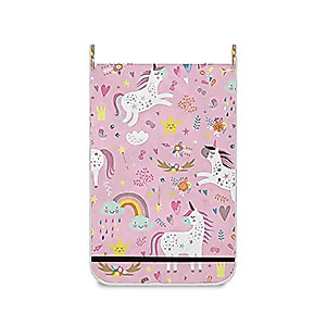 hengpai Kids Cute Hanging Laundry Hamper Bag Dirty Clothes Bag Basket Fabric Wash Bag with Door Wall Hooks,Childish White Unicorns Pink Flower