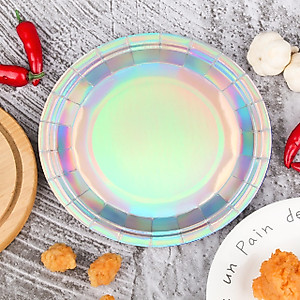 Pandecor 50 Pieces 7 Inches Disposable Paper Plates,Cakes Dessert Salad Pizza Holographic Rainbow Silver Round Plates Birthday Party Decorations Wedding Anniversary Christmas (Holographic)