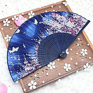 RAZZUM Decorative Folding Fans Silk Hand Fan Chinese Spun Silk Flower Printed Folding Fan Chinese Style Ladies Wind Craft Fan Silk Fan Cherry Fan Antiquity Fan (Color : 4)