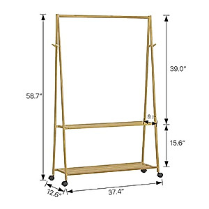 MoNiBloom Bamboo Garment Rack with Wheels Coat Rack Stand Clothes Rack with 2-Tier Storage Rack for Bedroom Living Room Entryway Home Office (Length 37.4", Natural)