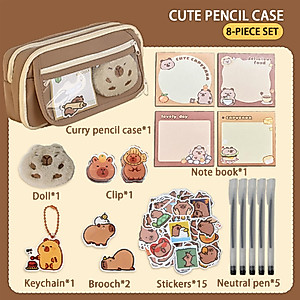 GUANGLU Cute Capybara Pencil Case, Capybara School Supplies, Clear Aesthetic Pencil Pouch with Cute Capybara Pins and Plush, Large Capacity Multi-layers Pen Case