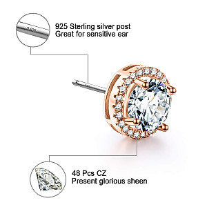 18K Gold Plated Halo Stud Earrings CZ Simulated Diamond Round Earing for Women,Rose Earrings for Man,Sparkle Allure Earrings with Size 0.39inch,in Rose Gold