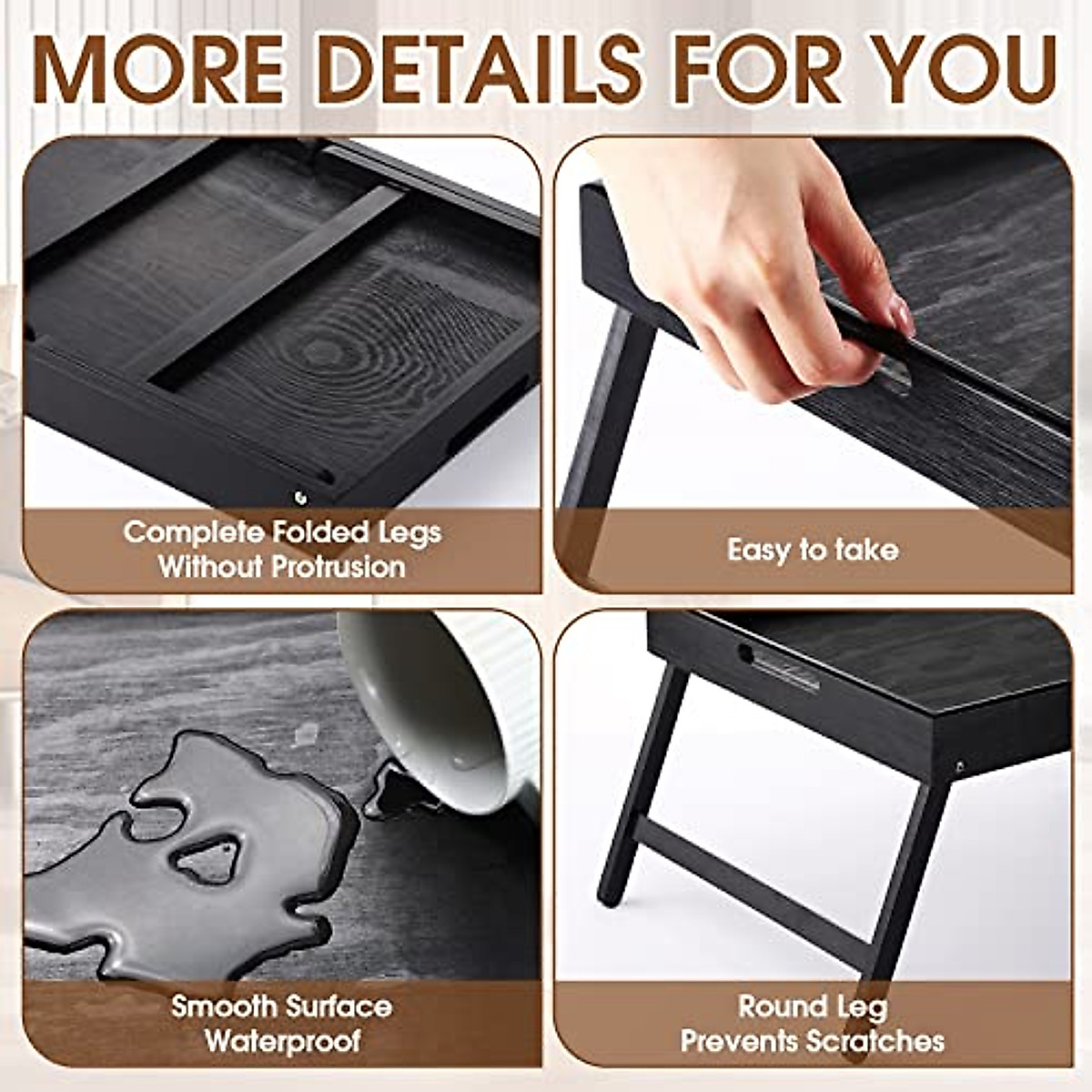 Wesiti 4 Pack Bed Trays for Eating Wood Breakfast in Bed Tray with Folding Legs and Handles Food TV Trays for Bedroom Laptops Reading Eating Picnic, 16.4 x 11.8 Inches