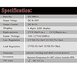 DC Power Supply Variable 30V 5A, Hyelec Switching Power Supply with 5V 2A USB Output, Adjustable Regulated Power Supply with 4-Digits LED Power Display, Alligator Leads Including,110V Input Voltage