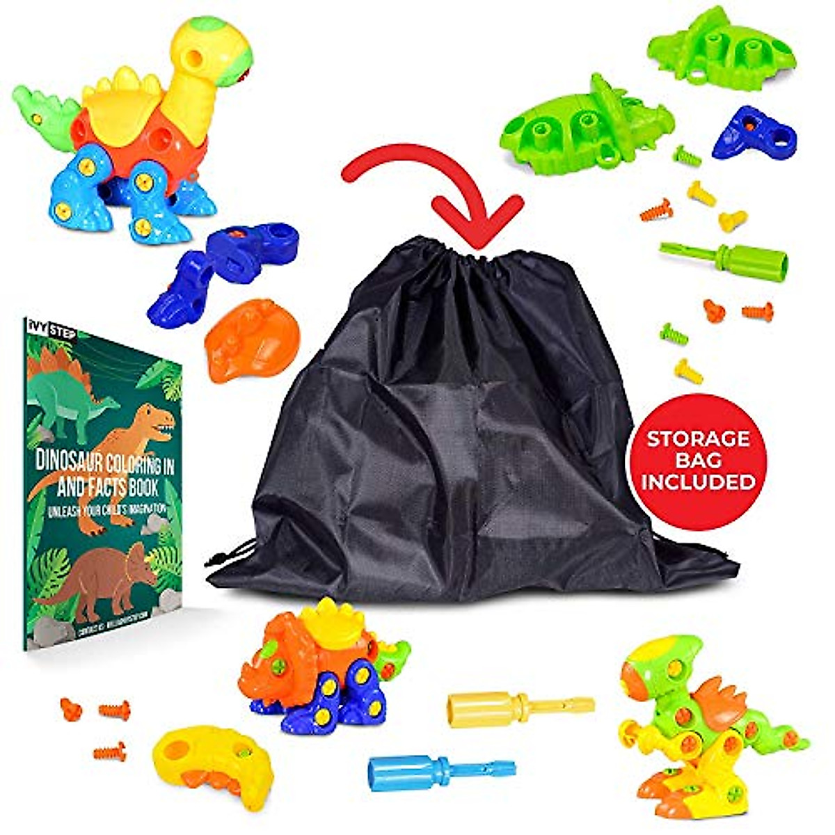 Dinosaur Building Toy Set for Kids - STEM Take Apart Construction Toys Include Build a Dino Construct & Play Kit, Storage Bag, & Coloring Book - Educational Toys, Birthday Party Toy Dinosaurs