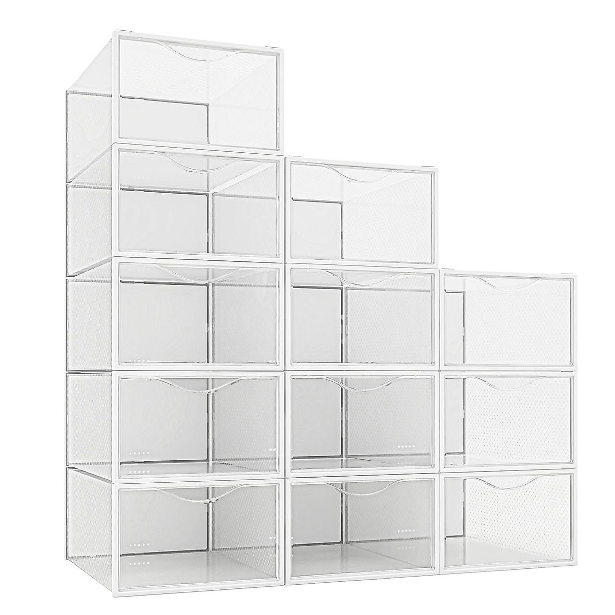 12 Pack Shoe Storage Bins, Clear Plastic Stackable Shoe Organizer for Closet, Space Saving Foldable Shoe Rack, Shoe Box Sneaker Holder Container