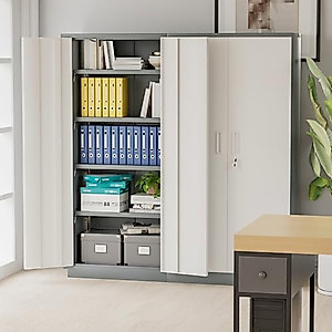 Shahoo Metal Storage Cabinet with Lockable Door and Shelves for File, Tool, Medium Size for Garage, White and Gray