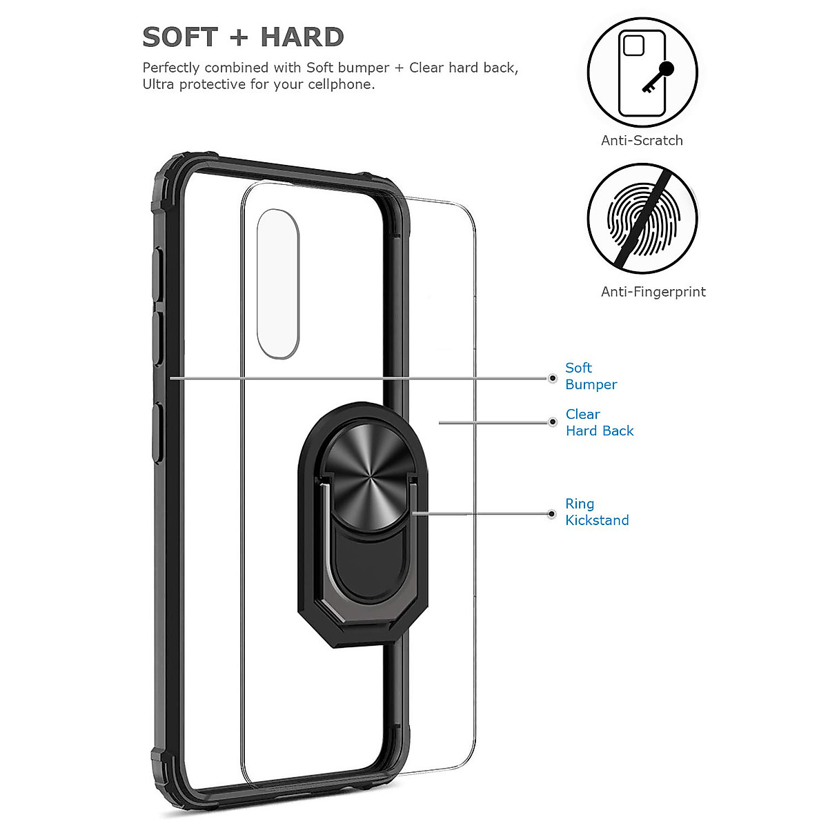 GREATRULY Kickstand Case for Samsung Galaxy A50 / A50s,Drop Protection Clear Case for Galaxy A50 / A50s,Slim Phone Cover Shell,Soft Bumper + Hard Back + Ring Stand Fits Magnetic Car Mount,Black