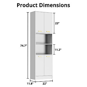 Kitchen Pantry Storage Cabinet 75" Tall 4 Doors Wood Freestanding Cupboard with Open Countertop and Adjustable Shelves Utility Hutch Cabinet for Dining Room Living Room Laundry Bathroom, White