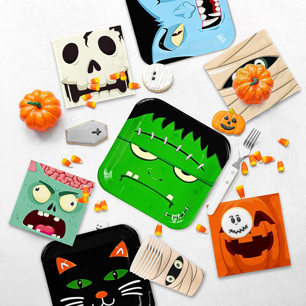 Halloween Party Supplies Kit for 24 Guests - Halloween Design with Disposable Dinner & Dessert Plates, Napkins, Cups, Tablecloth, and Banner -for Halloween Birthday Party Decorations