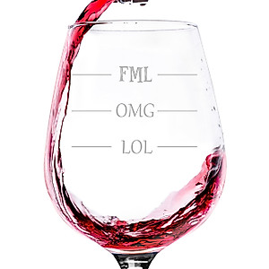 LOL-OMG-FML Funny Wine Glass - Wine Gifts for Women, Mom - Unique Gag Gift for Friends, Sister, Wife - Cool Bday, Birthday Present Idea from Him, Husband - Fun Novelty White Elephant Gift