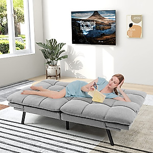 GOFLAME Convertible Sofa Bed, Memory Foam Futon Sofa Bed with Adjustable Backrest & Armrests, 6 Metal Legs, Upholstered Folding Couch Sleeper for Small Apartment, Living Room, Bedroom, Office (Grey)