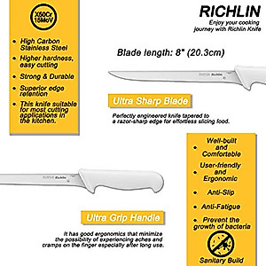 Richlin Boning Knife,8-Inch Chef's Knife with Razor Sharp High Carbon Stainless Steel for Meat and Poultry(8” Narrow Boning Knife,White)
