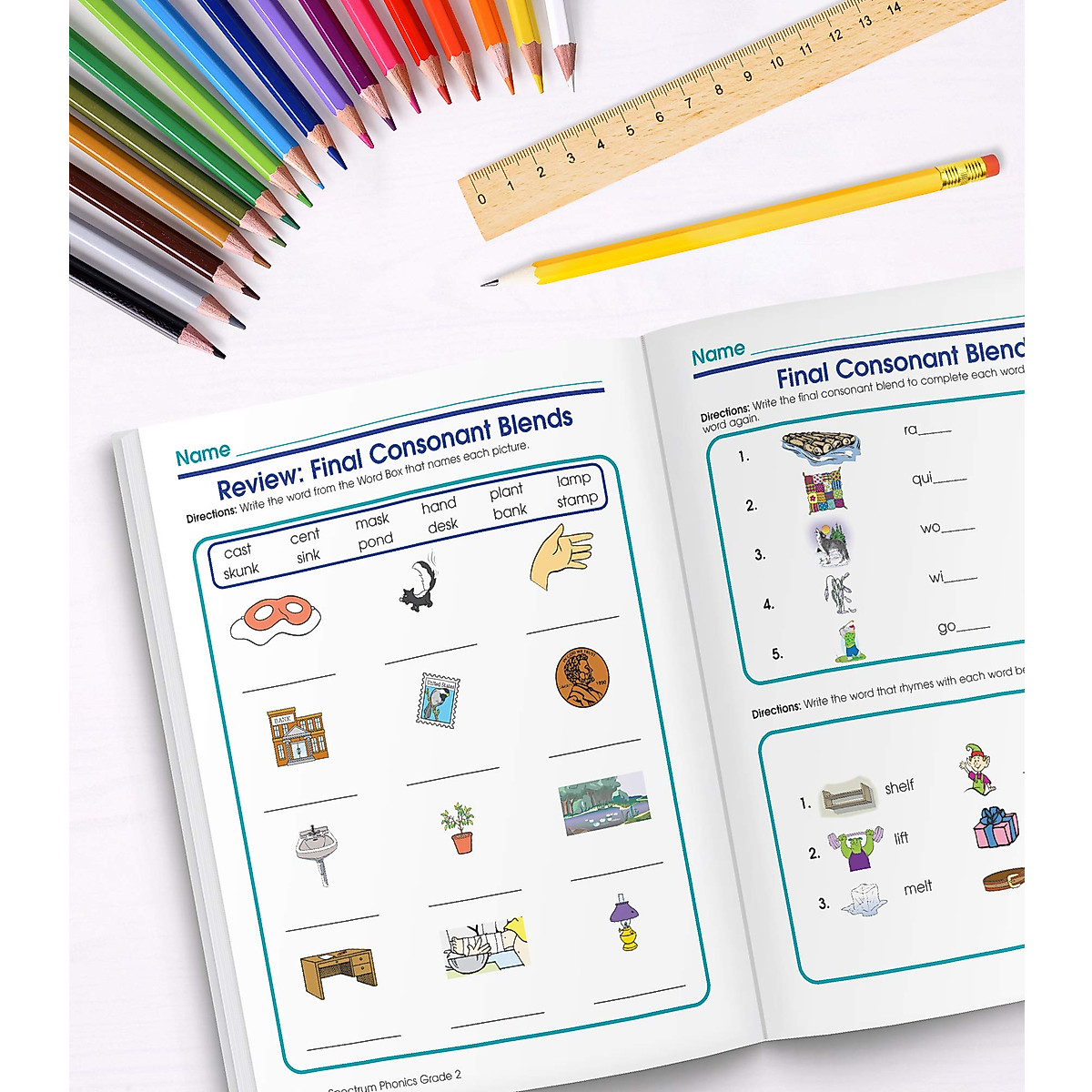 Spectrum Phonics Grade 2, Ages 7 to 8, Grade 2 Phonics Workbook, Blends, Consonants, Vowel Sounds and Pairs, Letters, Words, and Sentence Writing Practice - 160 Pages