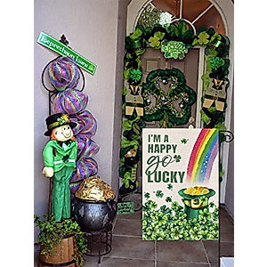 Happy St Patricks Day Garden Flag 12x18 Double Sided,Green Hat with Gold Coin Shamrock Rainbow Small Yard Flag,Spring Saint Patrick Decors for Outside Outdoor Holiday