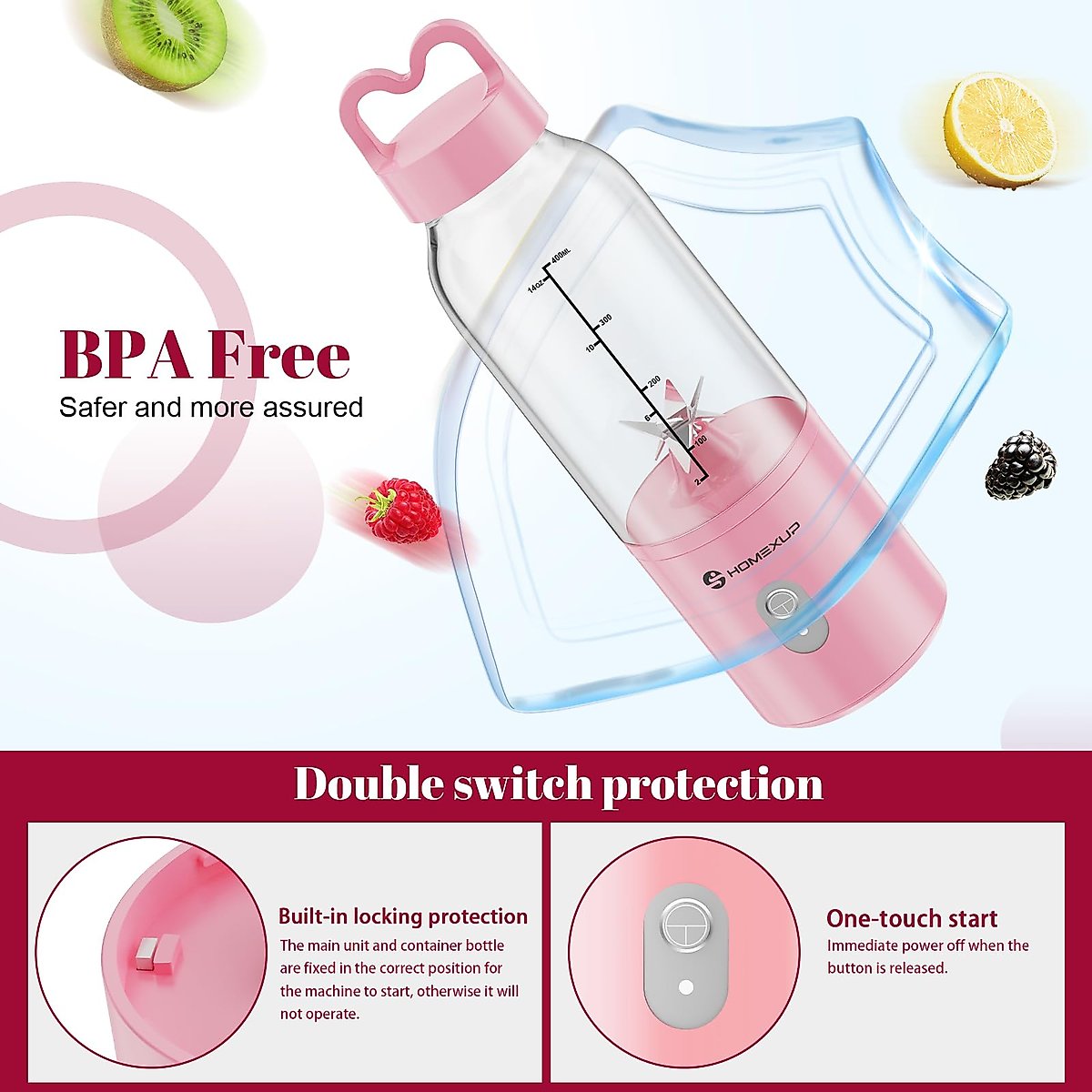 Portable Personal Blender 17 OZ/500 ML Juicer, 175W Personal Size Blender, Ideal for Smoothies, Ice Blending, Juicing, and Food Processing, Compact, Convenient, and Versatile (Pink)