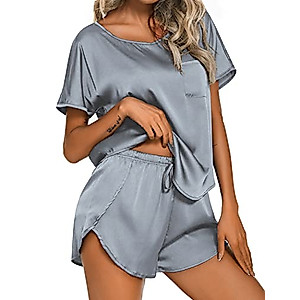 Ekouaer Womens Satin Pajamas Shorts Set Silky Short Sleeve Sleepwear Nightwear Pj Set Grey M