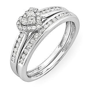 Dazzlingrock Collection 0.55 Carat (Cttw) 10k Round & Princess Diamond Women Heart Shaped Engagement Ring Set 1/2 CT, White Gold, Size 7.5
