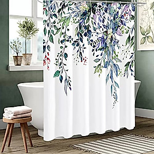 Gibelle Spring Floral Shower Curtain for Bathroom, Watercolor Green Eucalyptus Leaves Plant Shower Curtain Set with Hooks, Washable Polyester Fabric 72x72 Inch