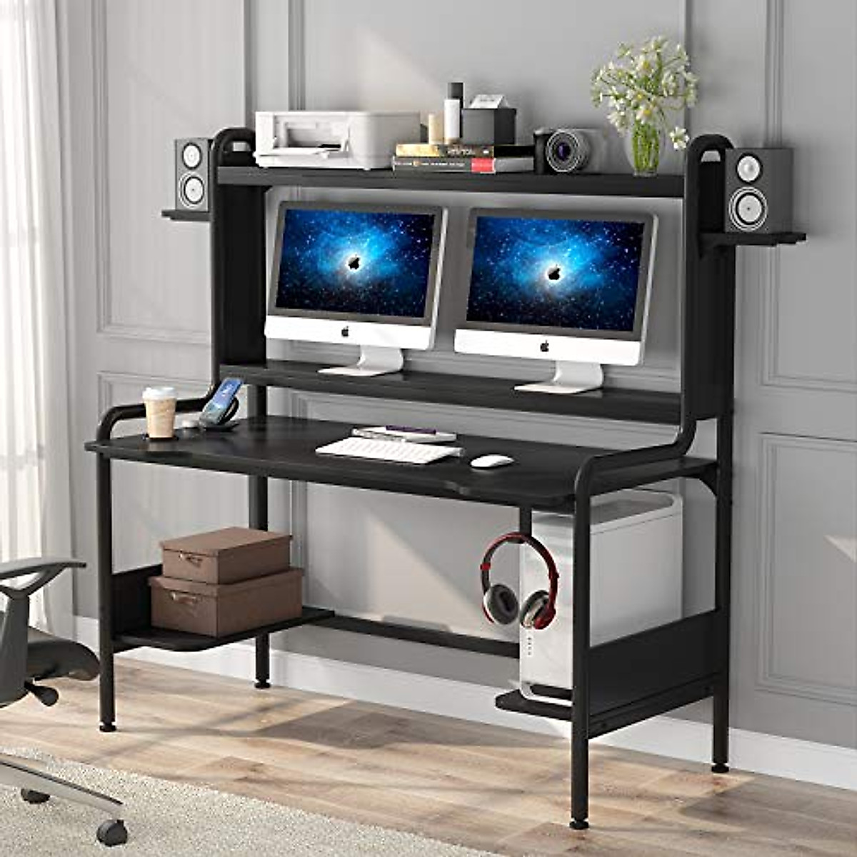 TIYASE Gaming Desk with Monitor Stand, 55 Inch Gaming Computer Desk with Hutch and Storage Shelves, Large PC Gamer Desk Workstation Gaming Table with Cup Holder, Headphone Hook, Speak Stands, Black