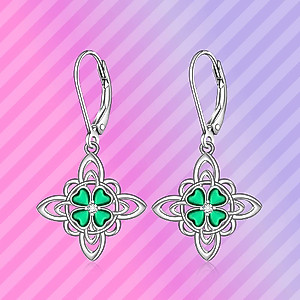 Shamrock Earrings for Women St Patrick’s Day Earrings Sterling Silver Celtic Knot Lucky Four Leaf Clover Green Emerald Irish Celtic Gifts