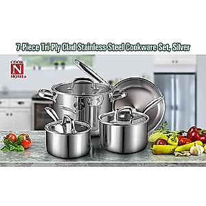 Cook N Home 7-Piece Tri-Ply Clad Stainless Steel Cookware Set, Silver,2644