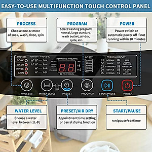 Voohek YC147 Top Loading Compact Fully Automatic Machine, 1.24 Cu.ft with LED Display 8 Water Levels 10 Wash Programs for Dorms, RVs, Camping